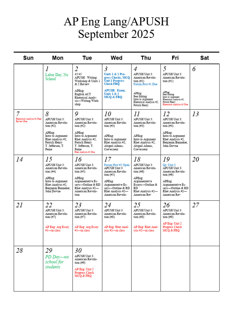 APUSH & APEng September 2025 Schedule | PDF