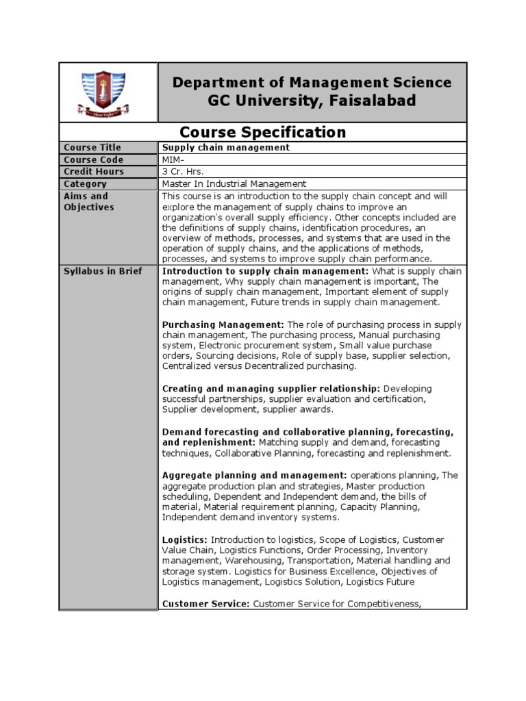 Course Outline-Supply Chain Management | PDF | Logistics | Supply Chain