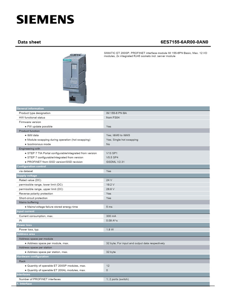 SIMATIC ET 200SP, PROFINET Datasheet | PDF | Electrical Engineering | Telecommunications