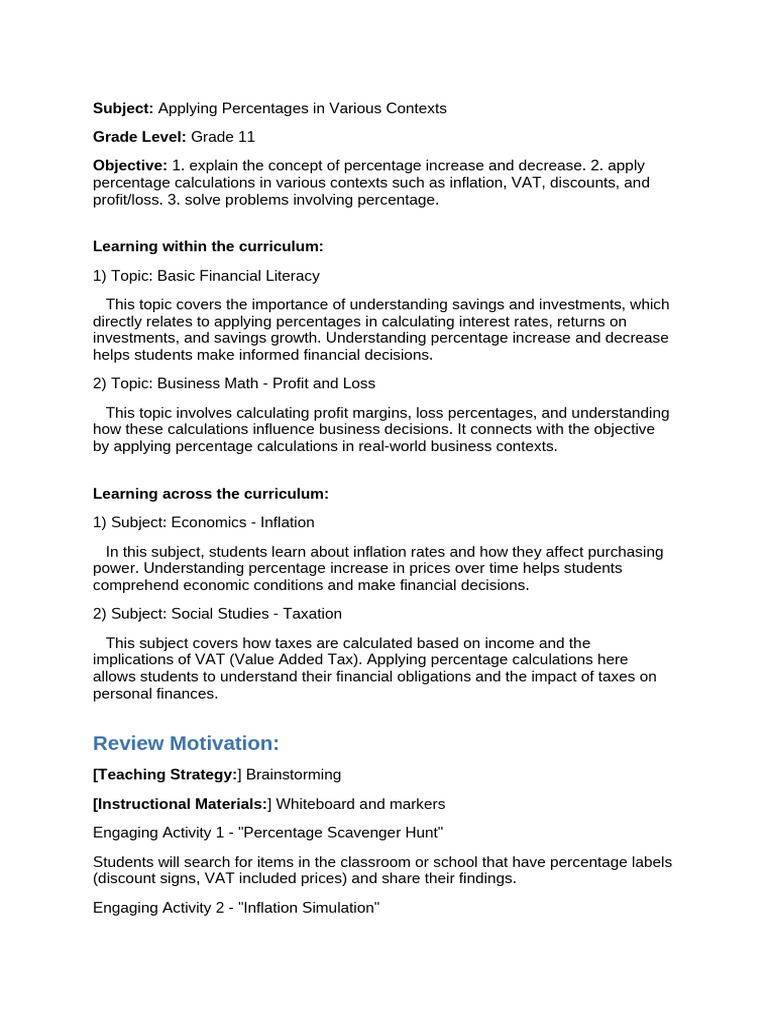Lesson - Plan - Applying Percentages in Various Contexts | PDF ...
