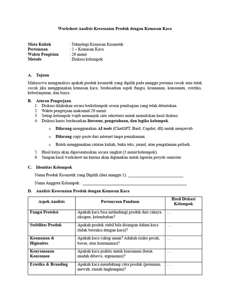 Worksheet 2 Analisis Kesesuaian Produk Dengan Kemasan Kaca | PDF