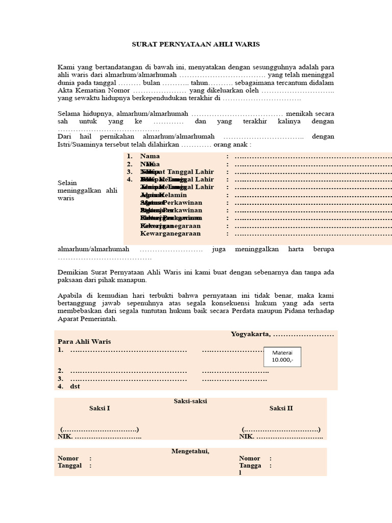 Form Surat Pernyataan Ahli Waris | PDF