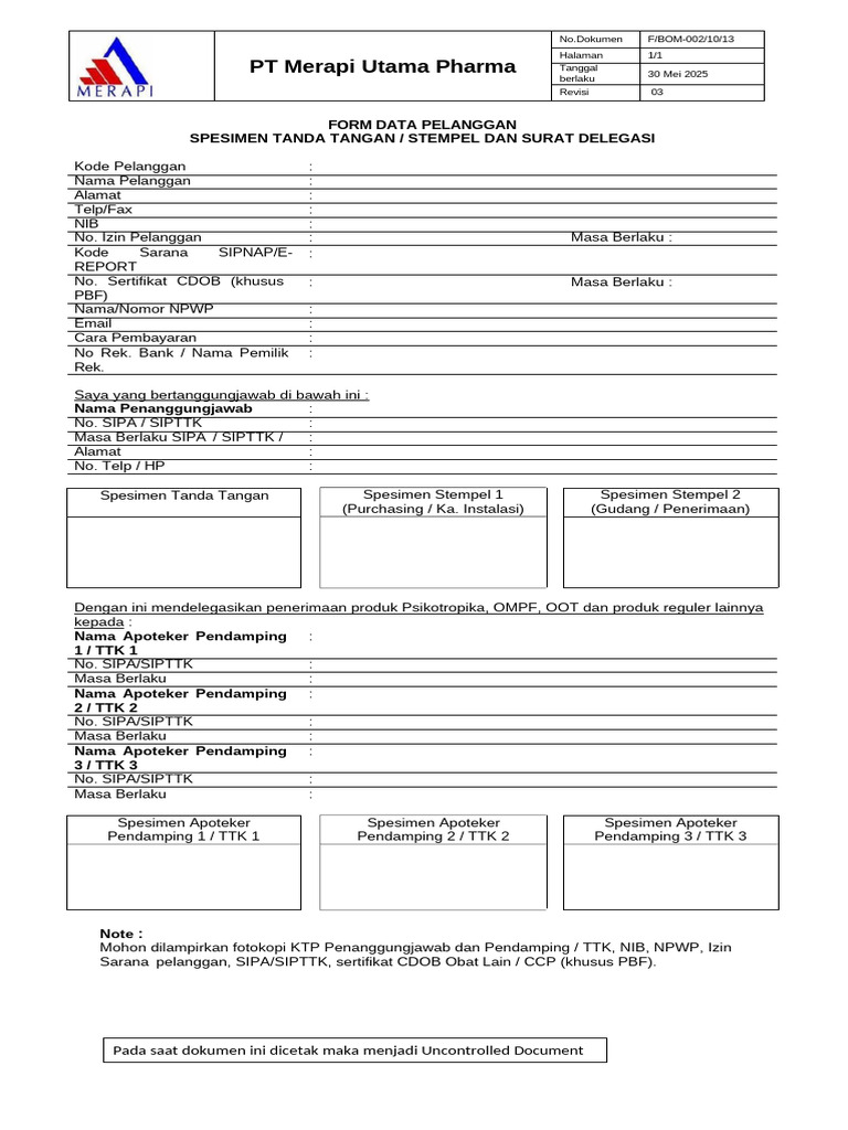 002 Form Data Pelanggan, Spesimen TT & Surat Delegasi Rev 03 | PDF
