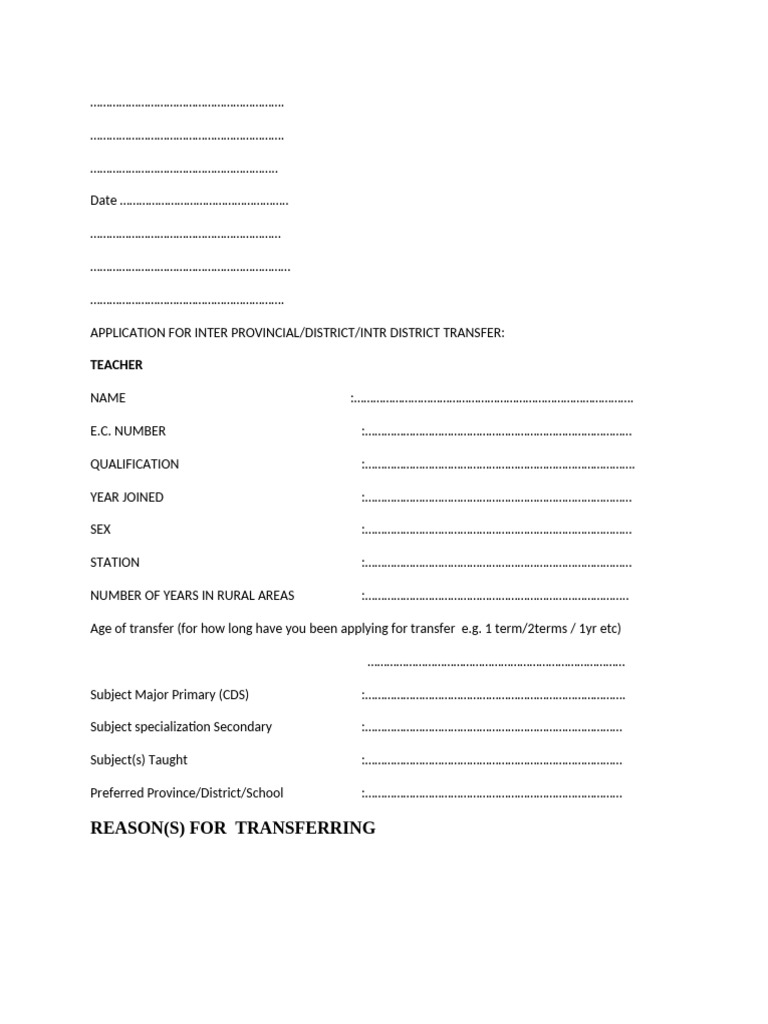 Teacher Transfer Application Form | PDF