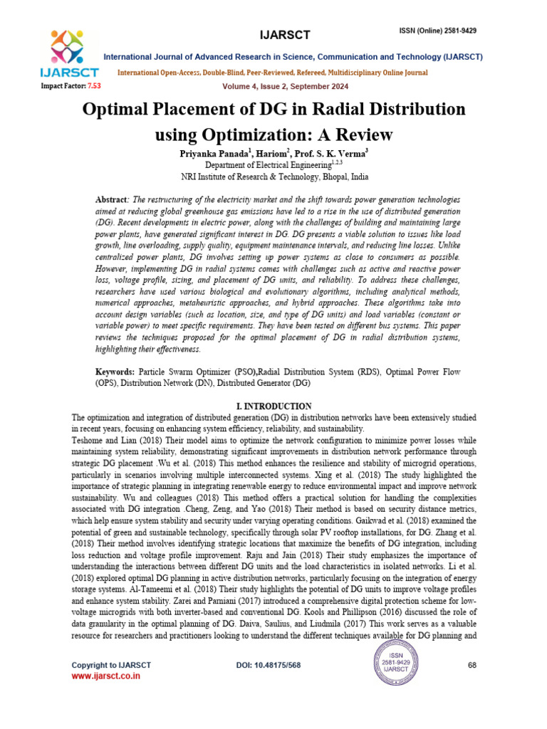 Optimal DG Placement in Radial Systems | PDF | Mathematical ...