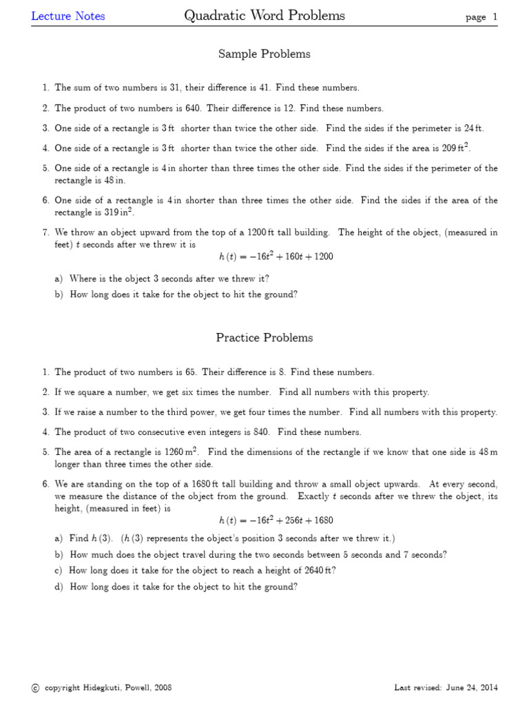 4.2_Worded Problems _ Quadratic Equations_Pratice Problems | PDF ...