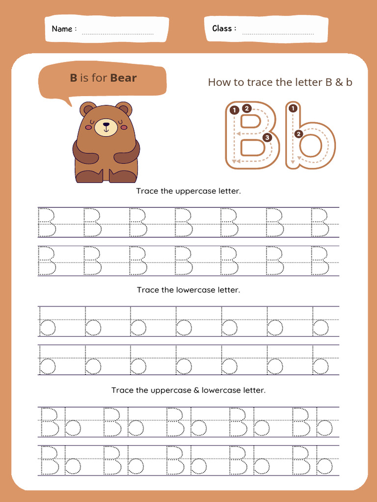 Tracing Letter B for Bear Worksheet in Brown Illustrative Style | PDF