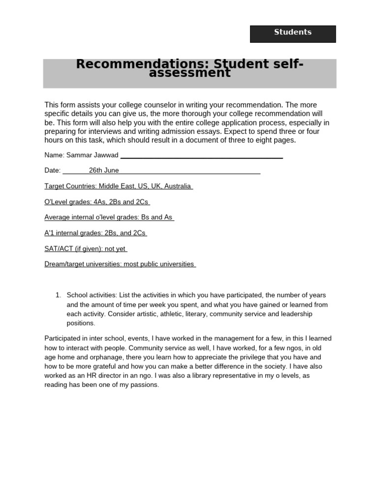 LGS 1A1 - College Board Self Assessment Form-1 | PDF