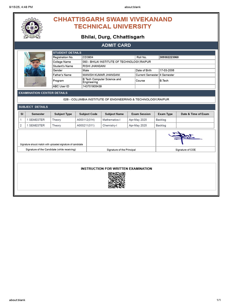 Chhattisgarh B.Tech Admit Card 2025 | PDF