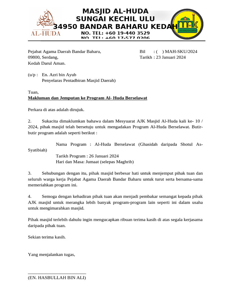Makluman Dan Jemputan Ke Program Al - Huda Berselawat | PDF