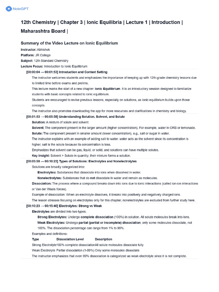 NoteGPT_Summary_12th Chemistry _ Chapter 3 _ Ionic Equilibria _ Lecture 1 _ Introduction ...