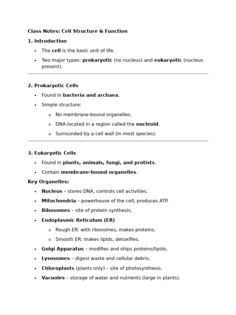 Class Notes - Cell Structure & Function | PDF