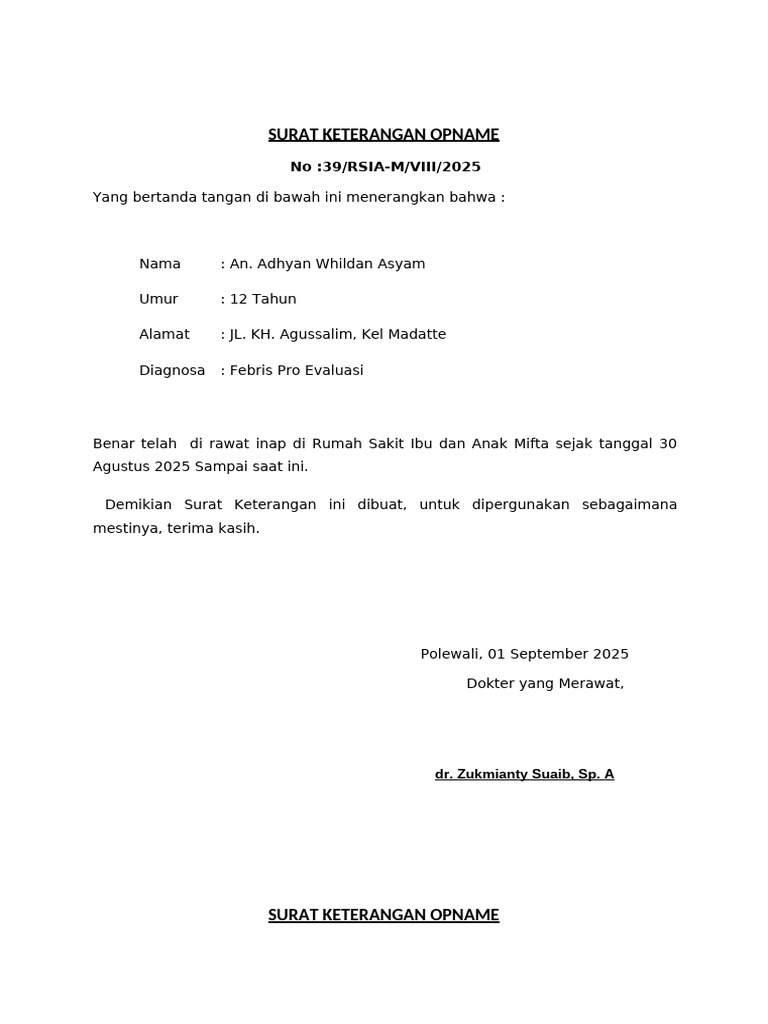 Surat Keterangan Opname Pasien Anak | PDF