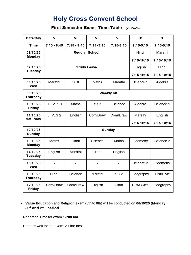 Holy Cross Convent School: First Semester Exam Time-Table | PDF