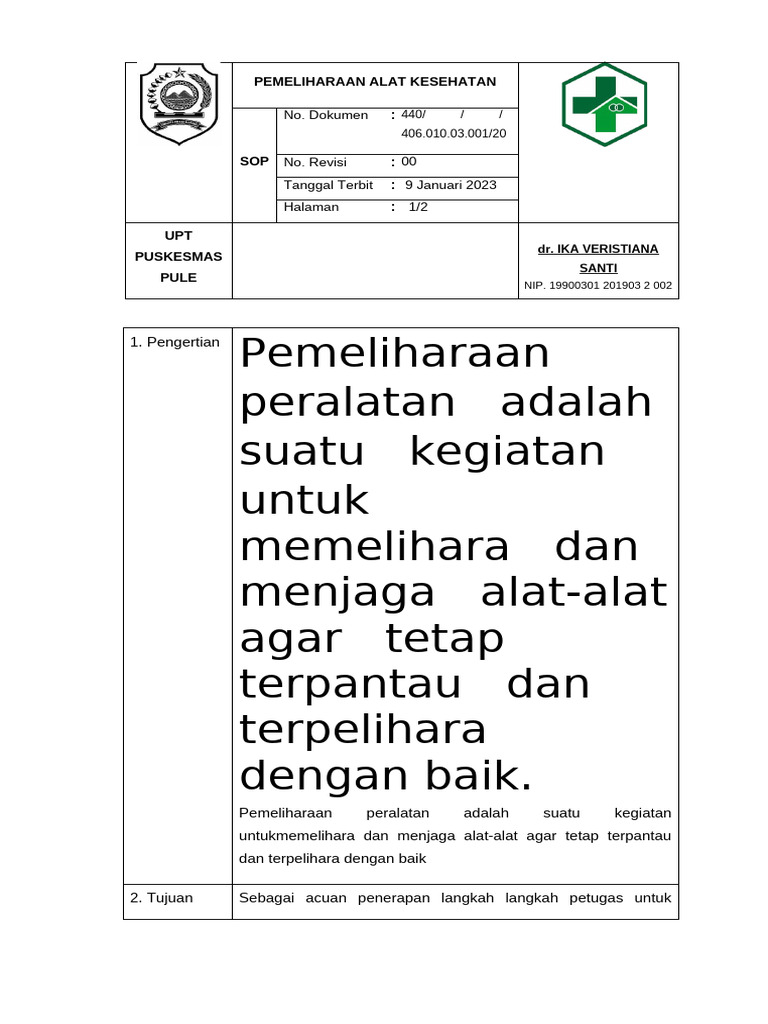 Sop Pemeliharaan Alkes Drafffttt | PDF