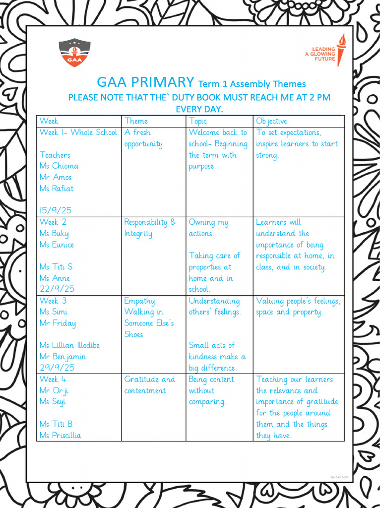 GAA Primary Term 1 Assembly Themes | PDF | Learning | Psychological ...