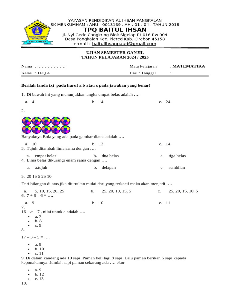 Soal Pas MTK Kls 1 Sem 1 | PDF