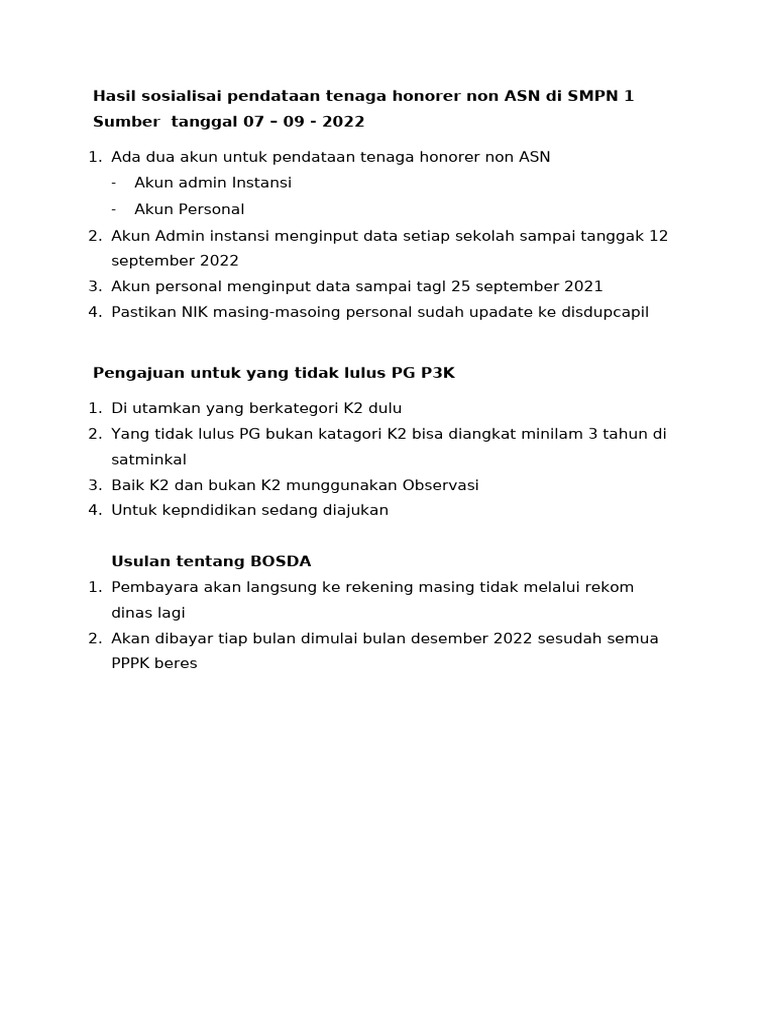 Hasil Sosialisai Pendataan Tenaga Honorer Non ASN Di SMPN 1 Sumber Tanggal 07 | PDF