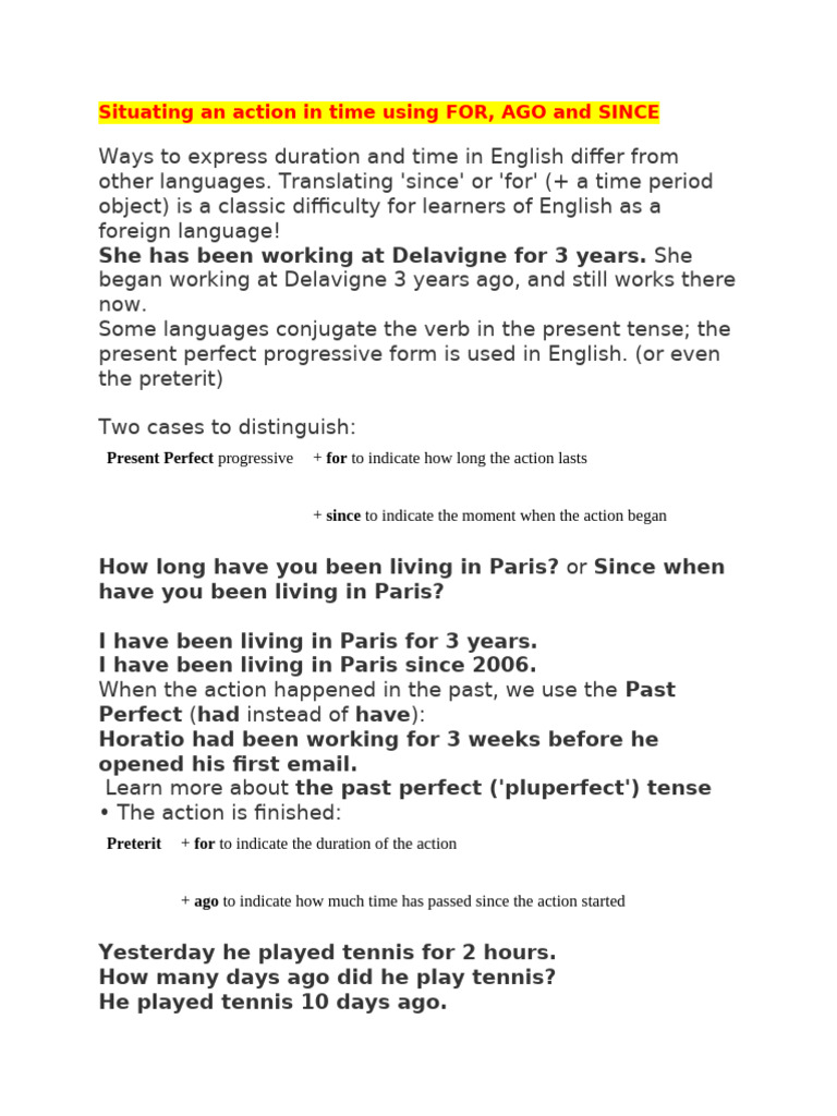 Situating An Action in Time Using For, AGO and SINCE | PDF