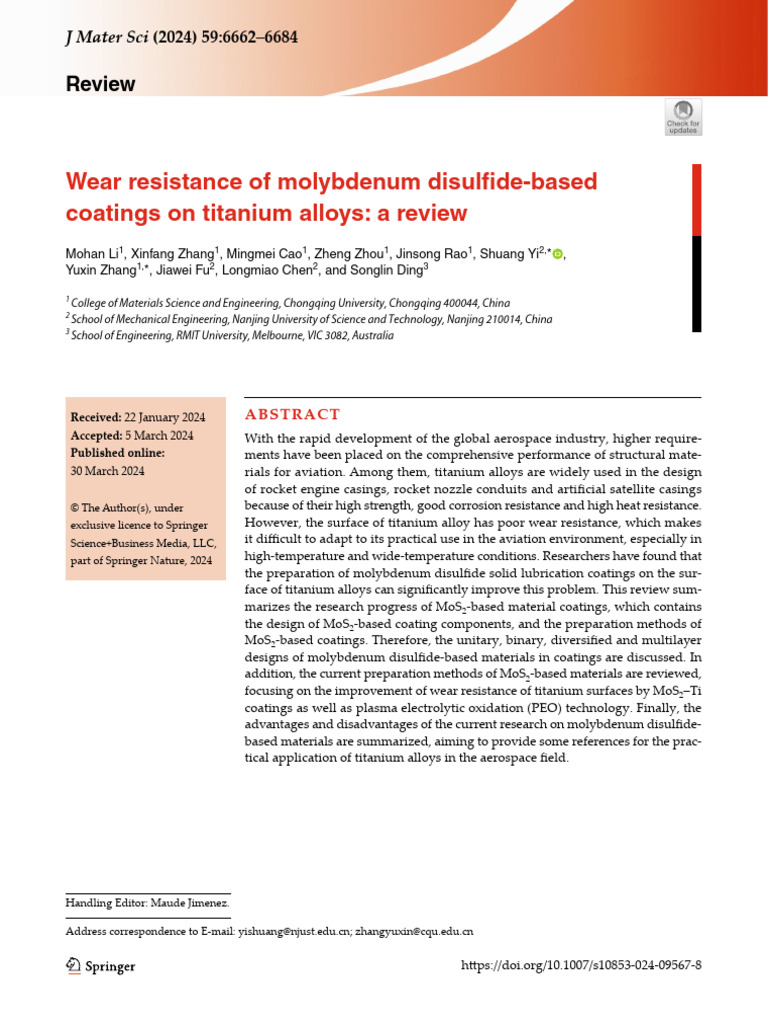 Molybdenum Disulfide Coatings for Titanium Wear Resistance | PDF ...