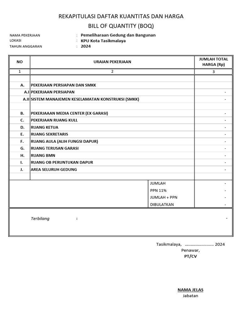 BOQ Pemeliharaan KPU | PDF