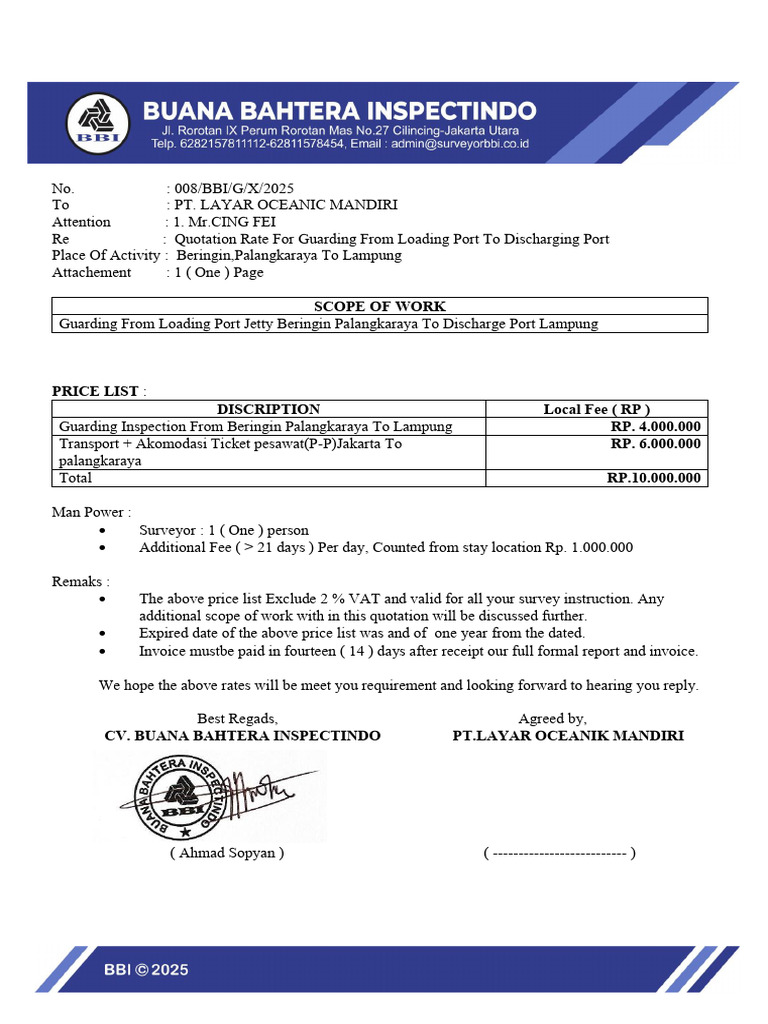 Quotation Bbi - PT - Layar Oceanik Mandiiri - Guarding | PDF