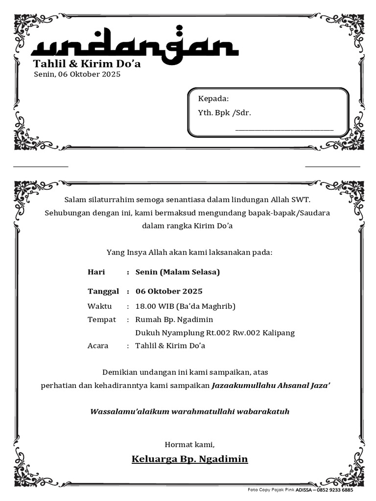 Undangan Tahlil Dan Kirim Doa | PDF