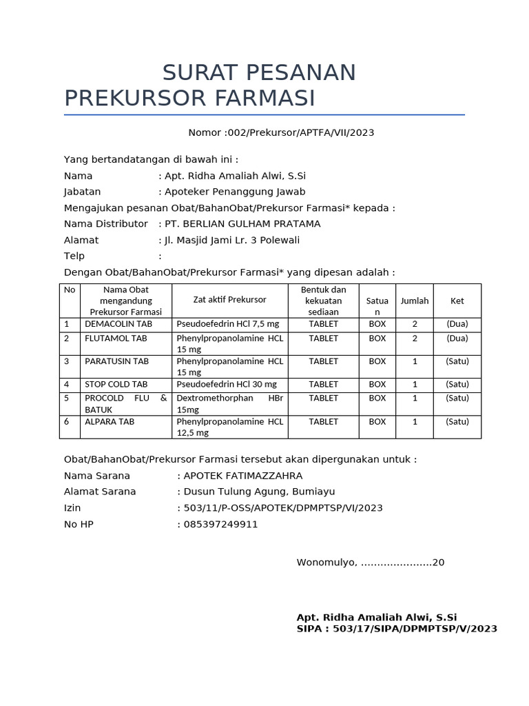 Surat Pesanan Prekursor Farmasi 2023 | PDF