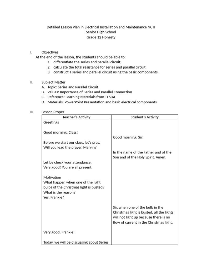 Series and Parallel Circuits Lesson Plan | PDF | Series And Parallel ...