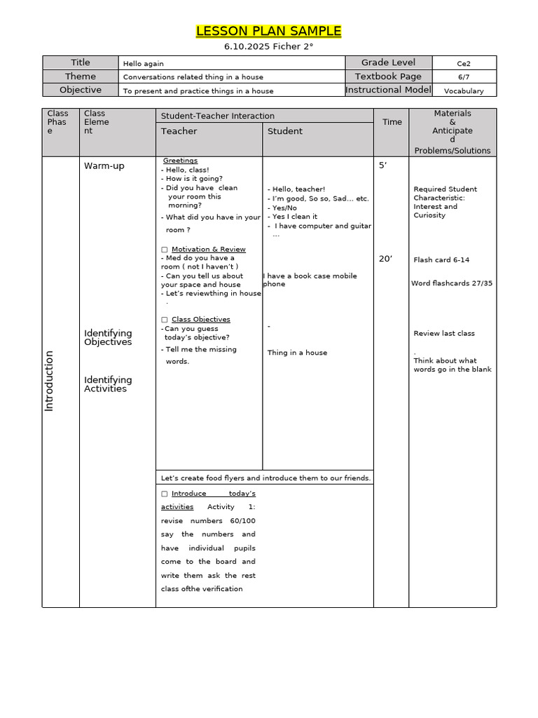 CE2 Lesson Plan: House Vocabulary Activities | PDF | Linguistics ...