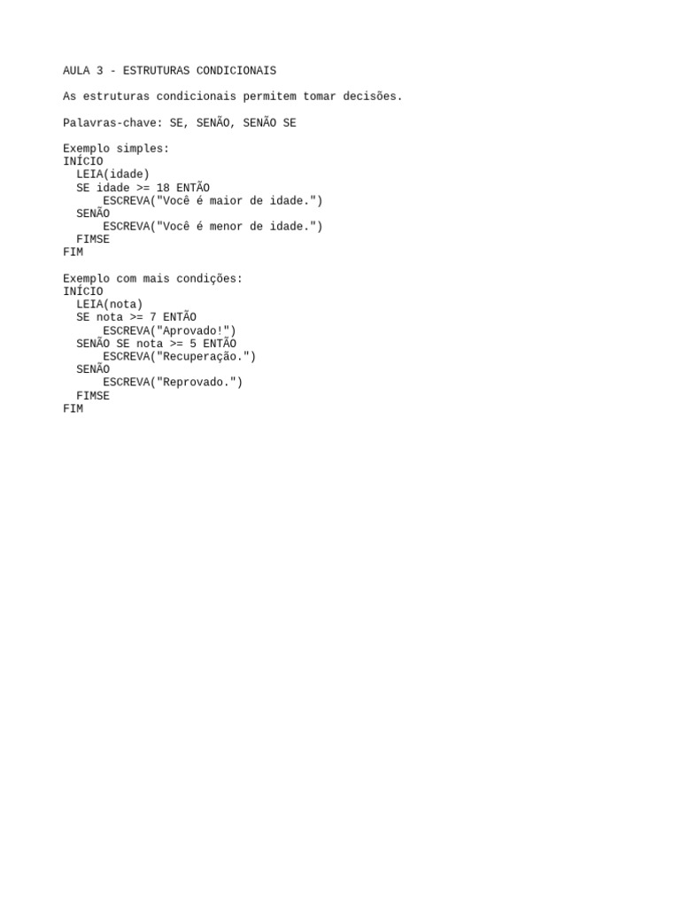 Aula 3 - Estruturas Condicionais | PDF
