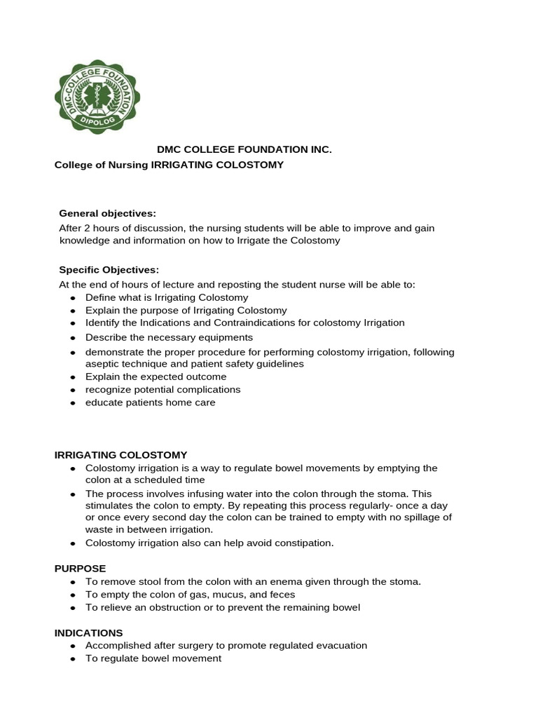 Irrigating Colostomy Handout 1 | PDF | Constipation | Rectum