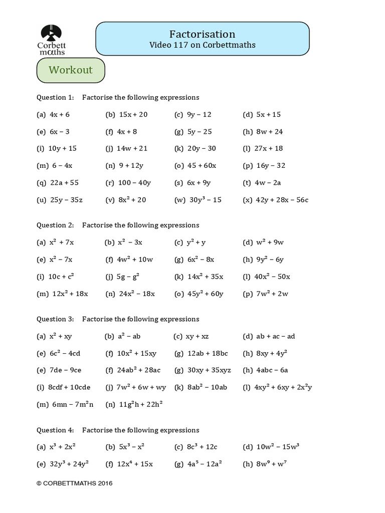 Factorisation Worksheet Exercises | PDF