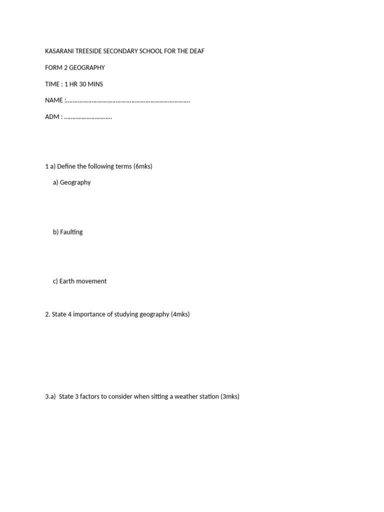 Geography Form 2 Mid-Term Exam Kezia | PDF