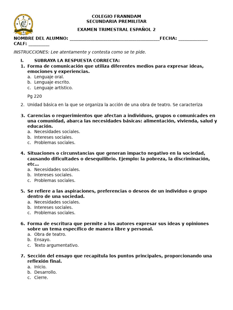 Examen Trimestral Español 2. 3er Trimestre | PDF | Ensayos