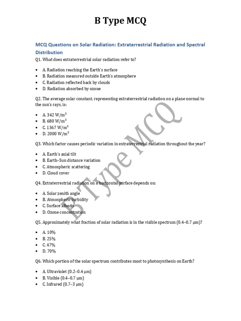 B. Solar Radiation Extraterrestrial Spectral MCQs | PDF
