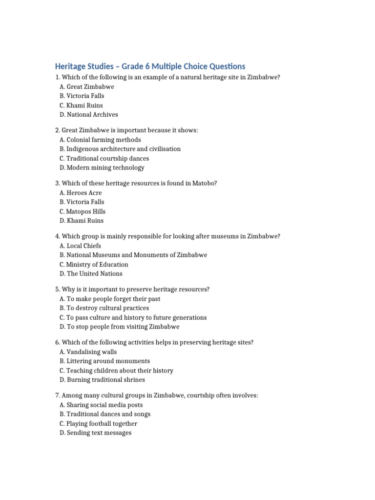 Grade 6 Heritage Studies Quiz | PDF | Zimbabwe