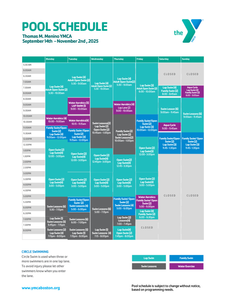 Menino YMCA Pool Schedule 2025 | PDF | Swimming