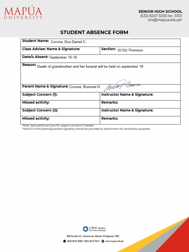 Student Absence Form Corona | PDF