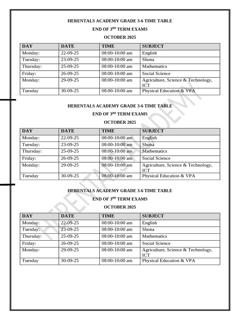 Time Table 3rd Term 2025 Grade 3-6 | PDF