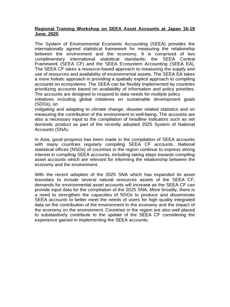 SEEA Asset Accounts Workshop Japan 2025 | PDF