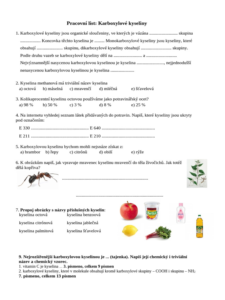 Pracovní List Kyseliny | PDF