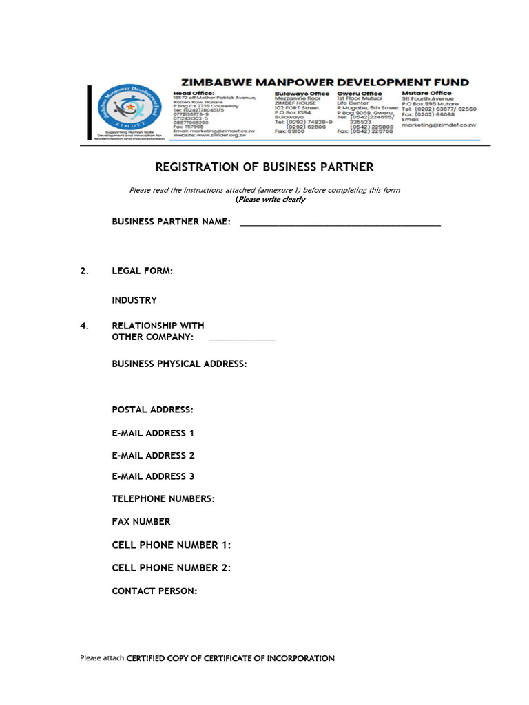 ZIMDEF Business Partner Registration Form | PDF | Cost Of Living | Salary