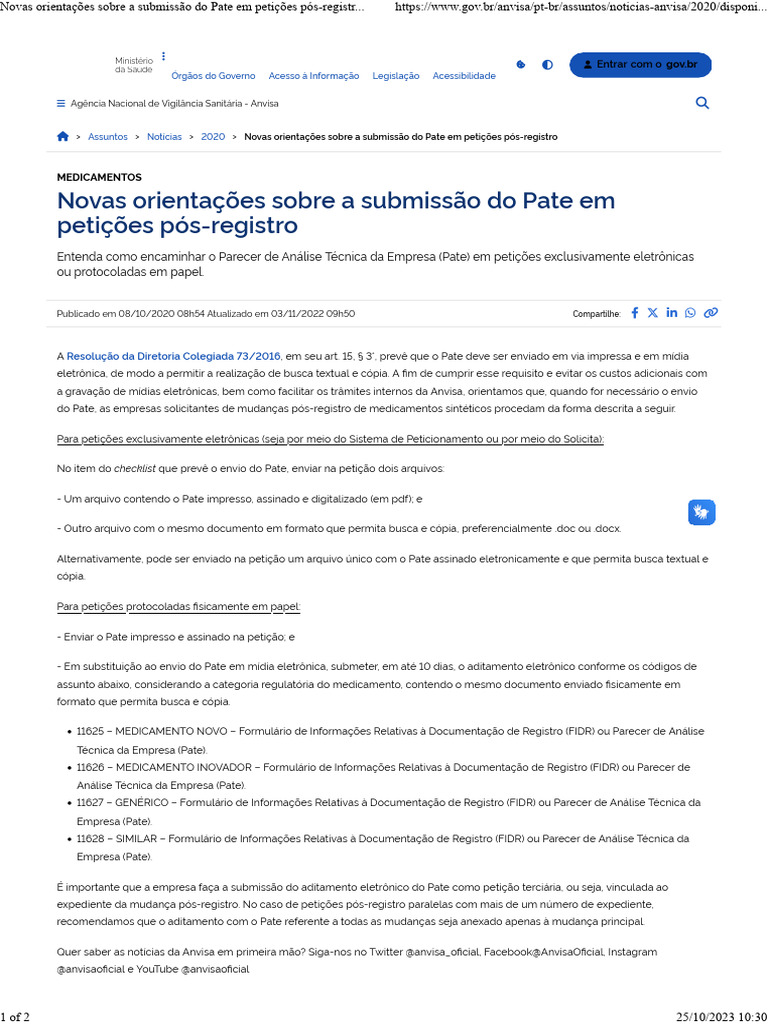 Novas Orientações Sobre A Submissão Do Pate em Petições Pós-Registro ...