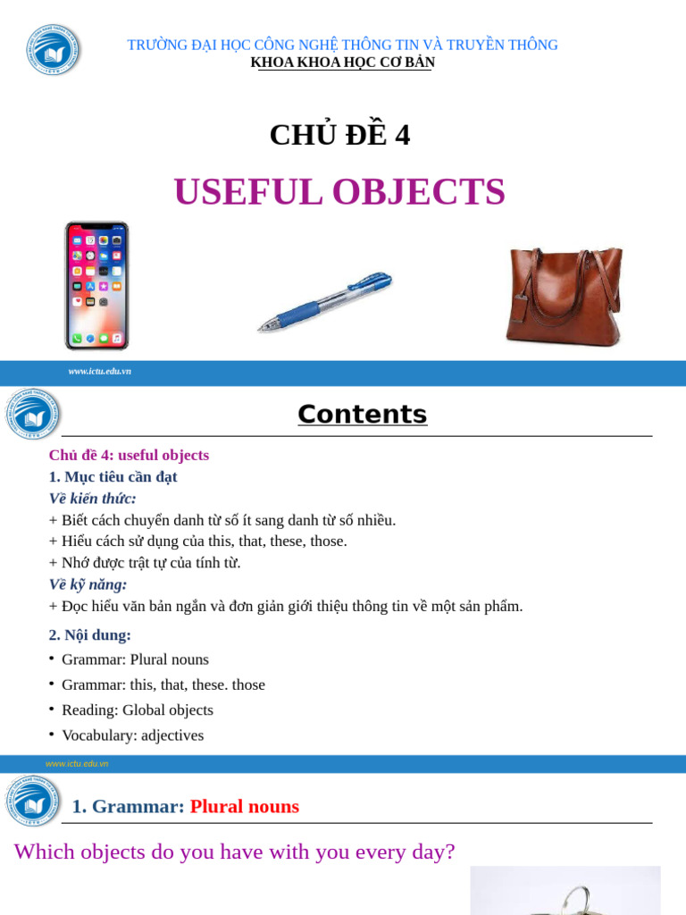 Chủ đề 4 - Useful objects | PDF | Adjective | Plural