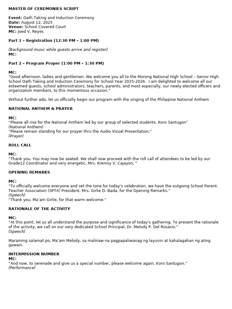 Oath Taking Ceremony MC Script 2025 | PDF | Cultural Conventions ...