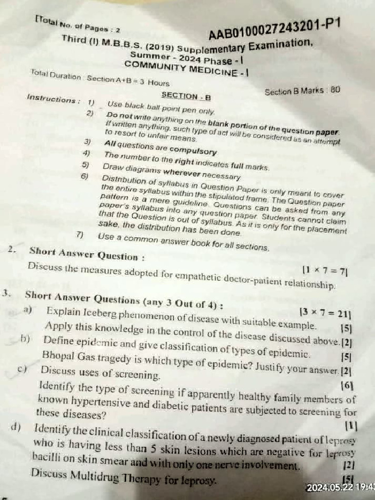 MUHS UG Papers Summer 2024-1 | PDF | Leprosy | Human Diseases And Disorders