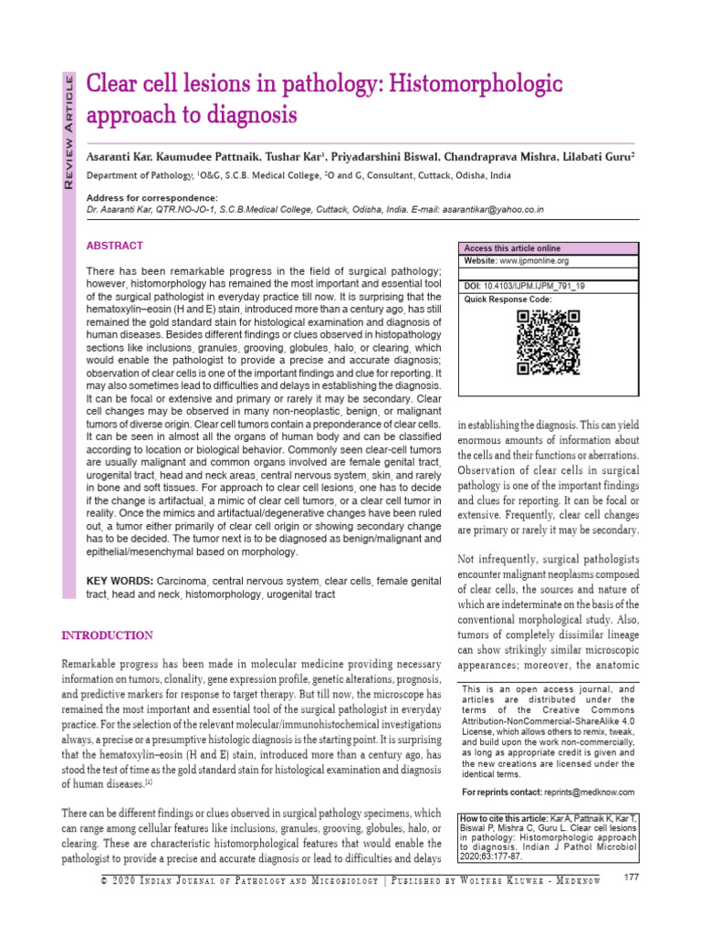 Clear Cell Lesions in Pathology: Research | PDF | Ovarian Cancer ...