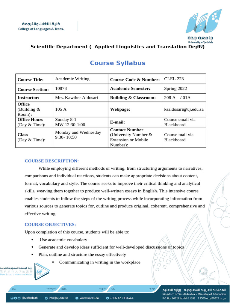 Course Syllabus Academic Writing CLEL 223 | PDF | Essays | Learning