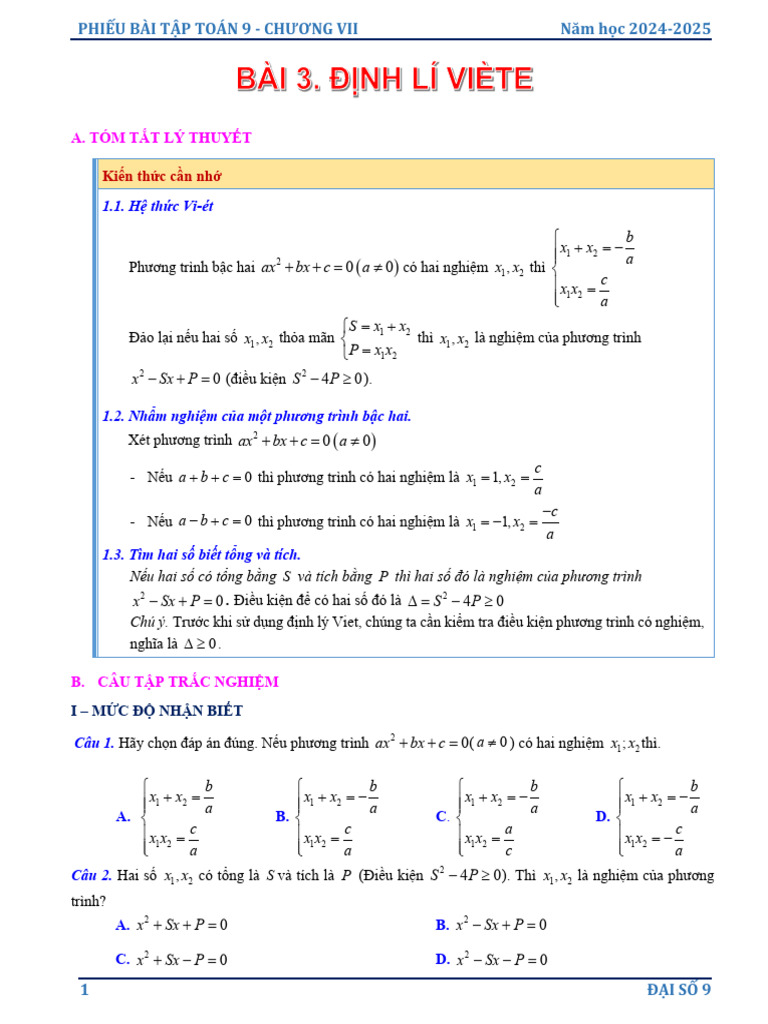 Bài 3 - ĐỊNH LÝ VIETE | PDF